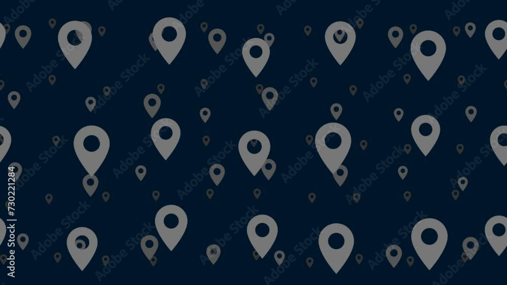 Location symbols float horizontally from left to right. Parallax fly effect. Floating symbols ...