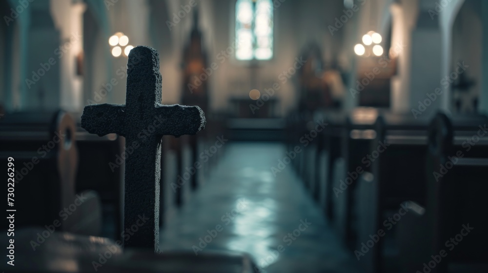 Wooden Cross in Sunlit Church Interior. A wooden cross on the edge of a ...