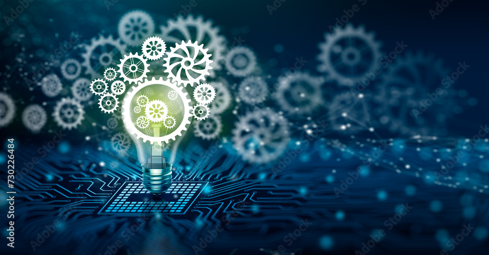 Light bulb with cog inside. Business idea bulb gear icon network connection with Creativity ...