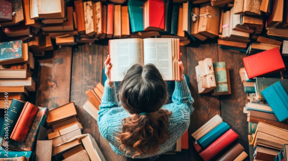 top view of a girl reading a book in library with a bookshelf ...