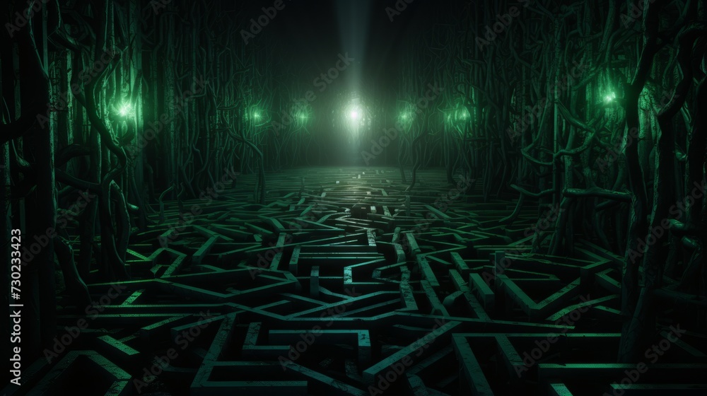 Spooky haunted maze with glowing eyes in the dark Stock Illustration ...