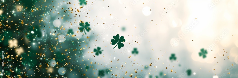 colorful holiday background with shamrocks and green flakes in the air ...