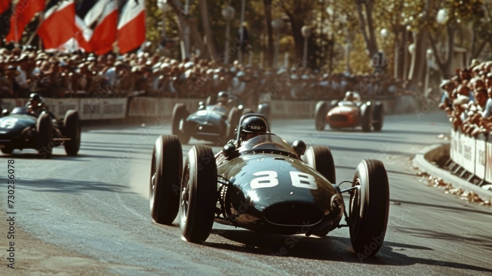 Vintage race cars speeding during a historic grand prix event, crowd ...