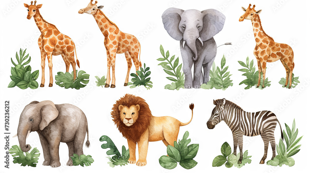 watercolour illustration of lion, giraffe, zebra and elephant on the ...