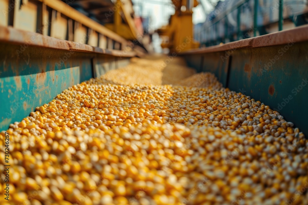 Corn in bulk carrier hold. Casting hold of corn. Elevator crane loads ...