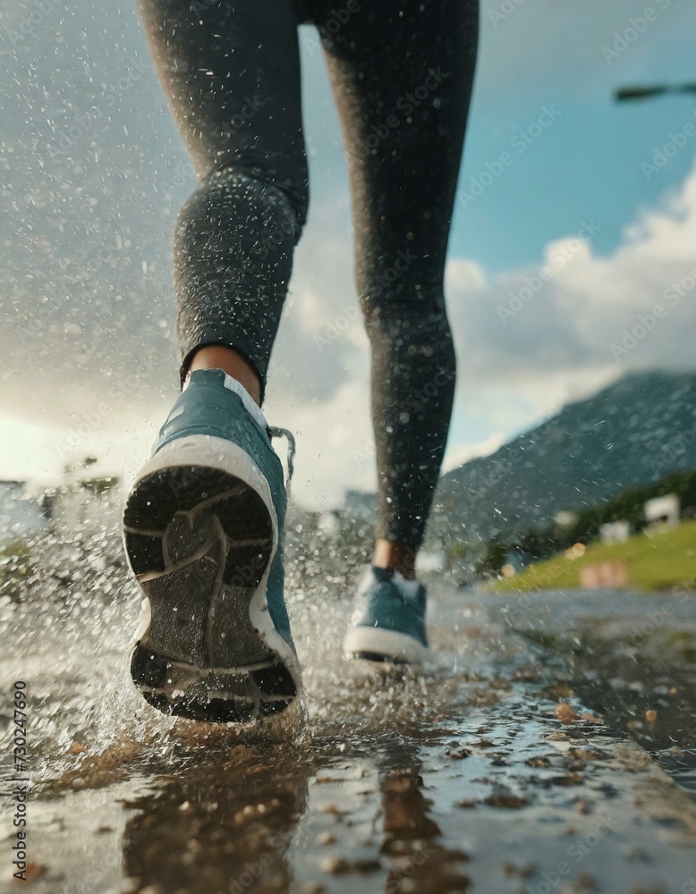Young woman running in rainy weather, water and mud splashes as her ...