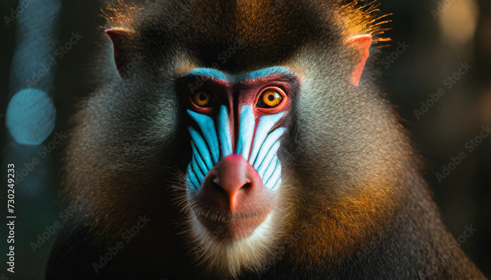 Mandrill close-up portrait. Mandrillus sphinx with red fur and blue ...