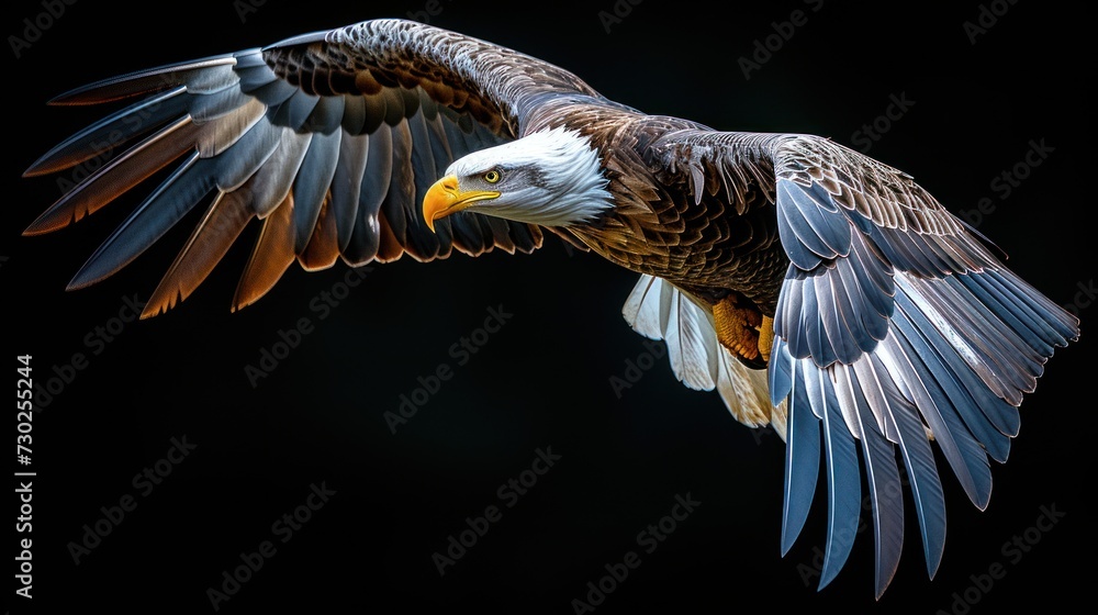 a bald eagle flying in the air with its wings spread out and it's head ...