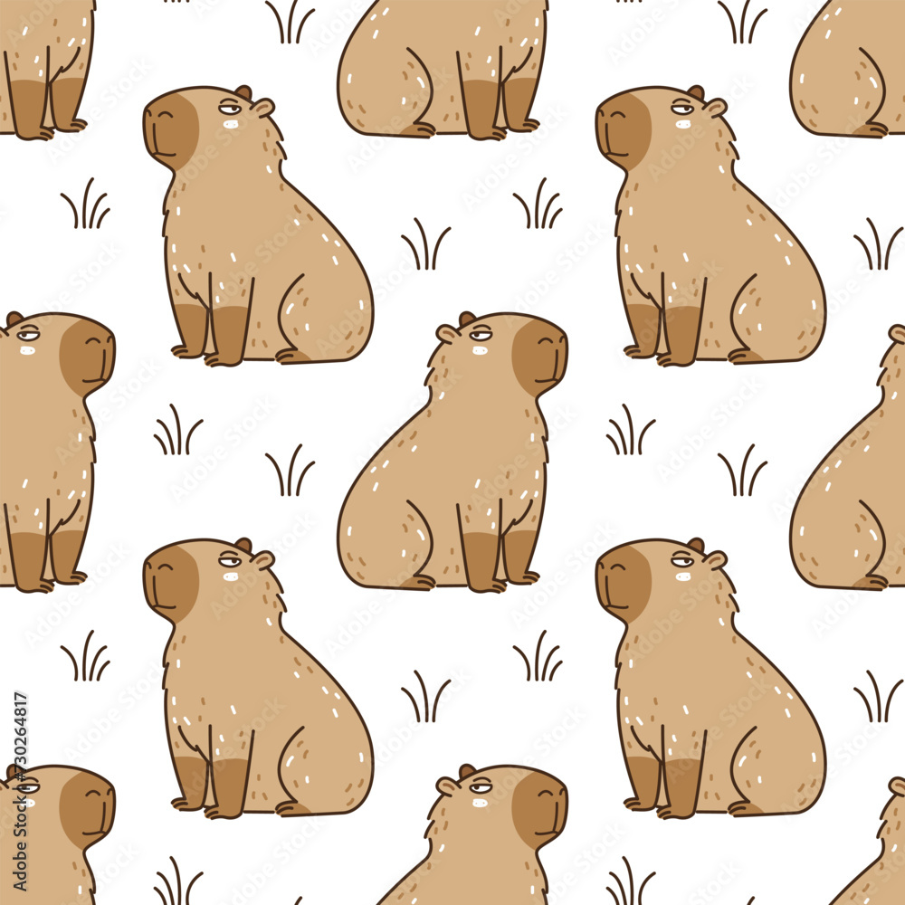 Seamless pattern with cute сartoon capybara isolated on white - funny ...