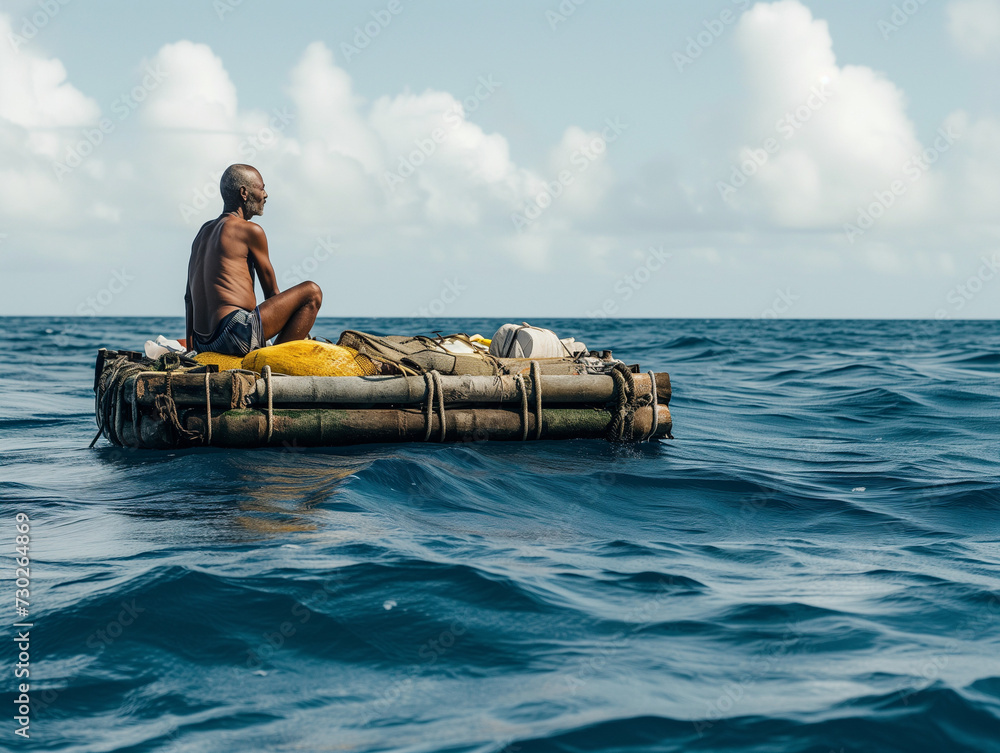 Refugee on makeshift rafts tries to survive crossing the ocean Stock ...
