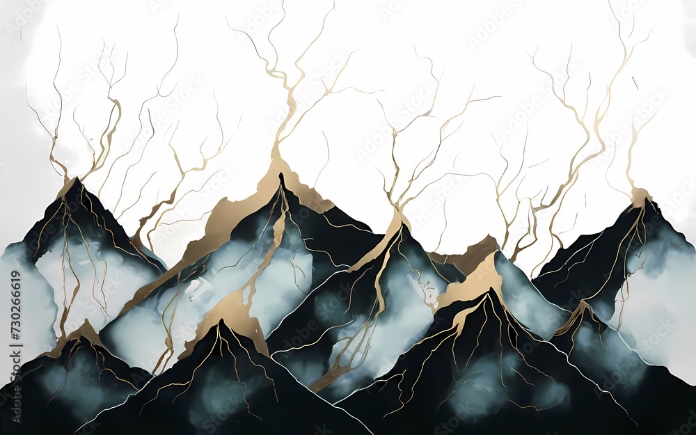 Dreamcore, Abstract Mountainscape, Fluid Ink Washes, White, Blue, Black ...