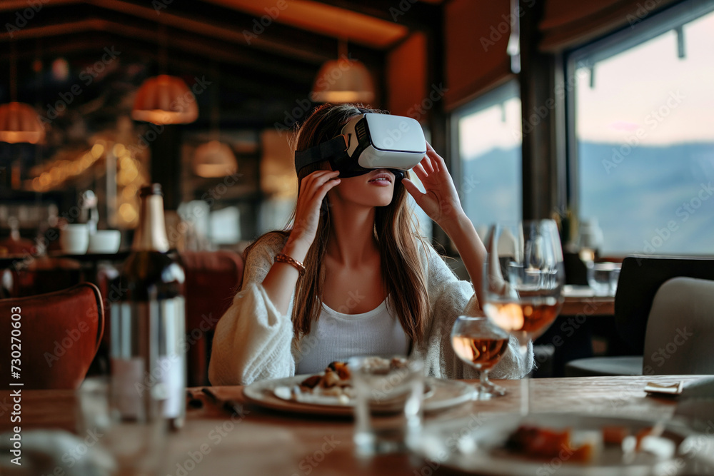 Woman wearing VR headset in restaurant. Immersive entertainment ...