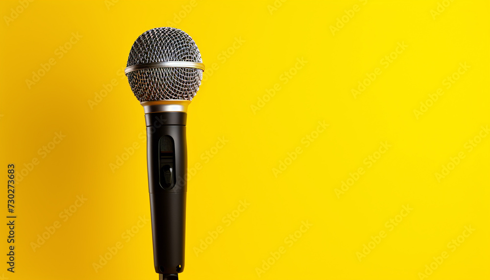 Singer performing on stage with yellow microphone, broadcasting music ...