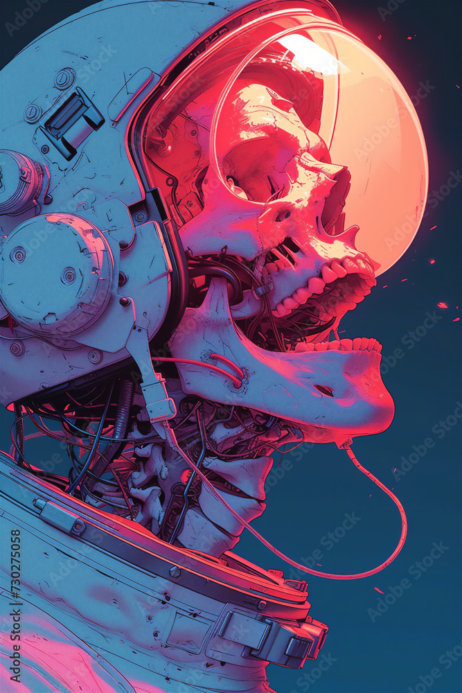 Illustration of a cyborg skeleton, implants, pain, warrior pose, in ...