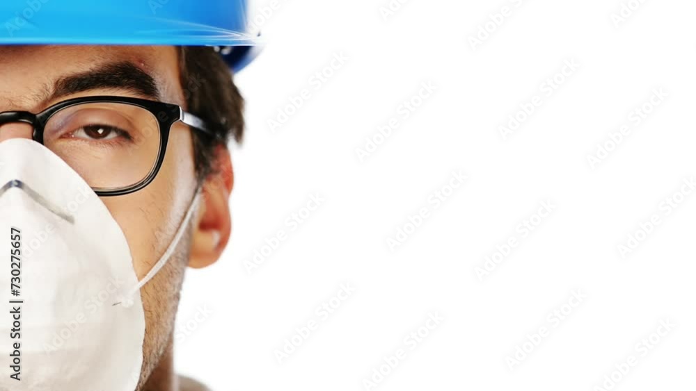 Hard hat, mask and half face with man, engineer and inspector isolated ...