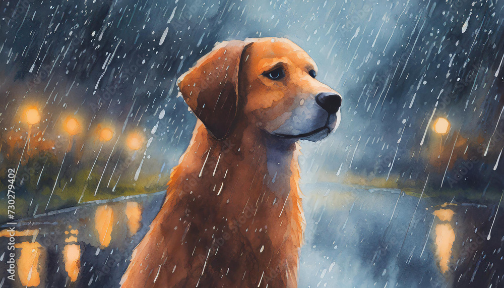 Sad dog sitting in the rain. The concept of loneliness and sadness ...