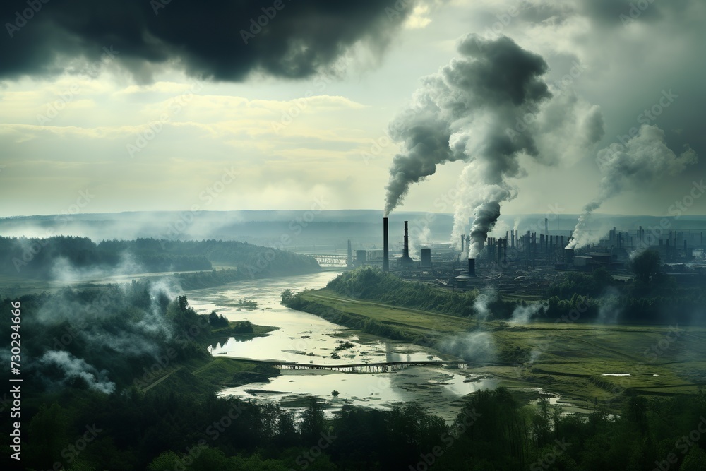 Air pollution over city downtown. Skyline and river amidst morning mist ...
