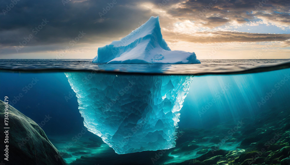 iceberg above, massive below, submerged in ocean depths. Symbolizing ...