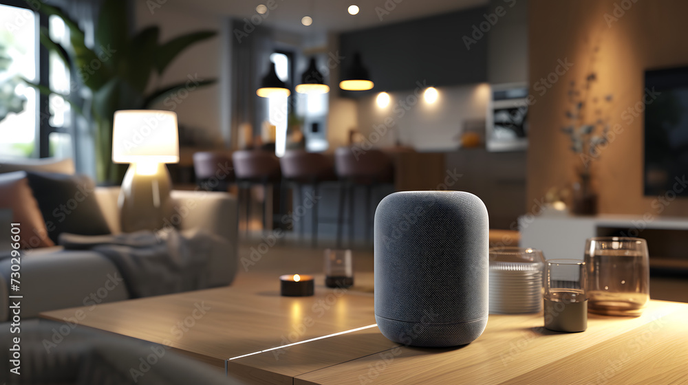 Voice activated smart speaker Showcasing the speaker in a modern living ...