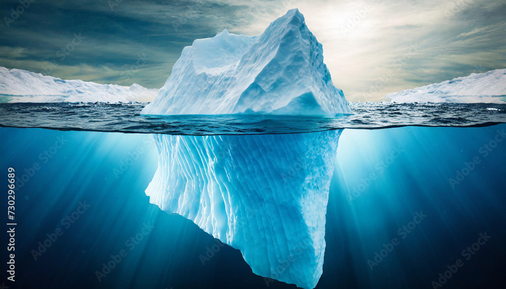 iceberg above, massive below, submerged in ocean depths. Symbolizing ...