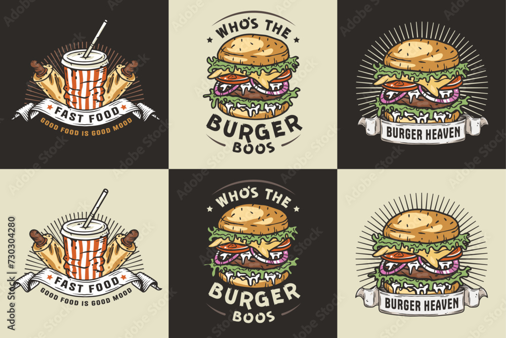 Retro burger vector set for vintage logo of fast food. American food or ...