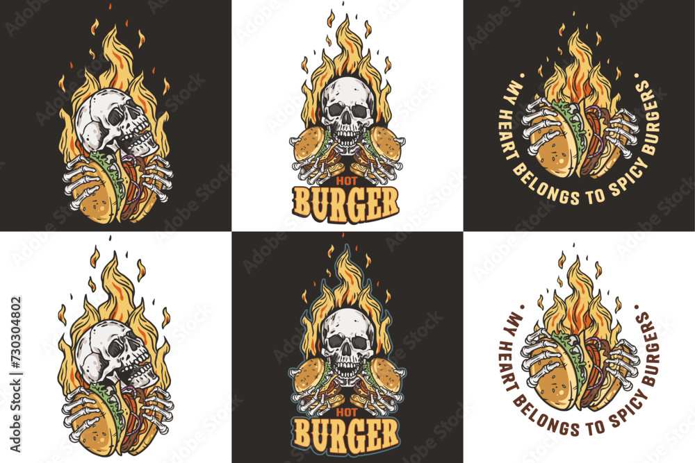 Burger vector set with burning skeleton with burgers in hands. Skull ...