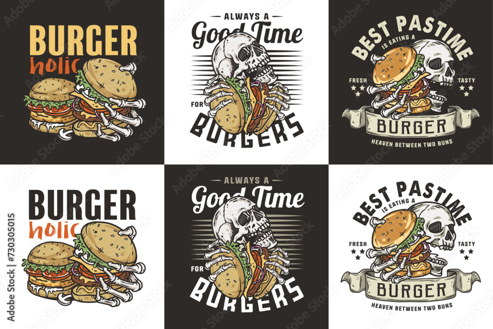 Vecteur Stock Burger vector set with burning skeleton with burgers in ...