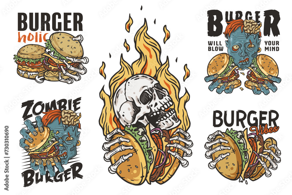 Burger vector set with burning skeleton with burgers in hands and ...
