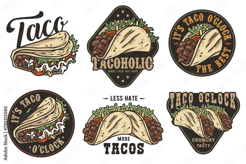 Mexican taco set vector with meat and vegetable for logo or emblem ...