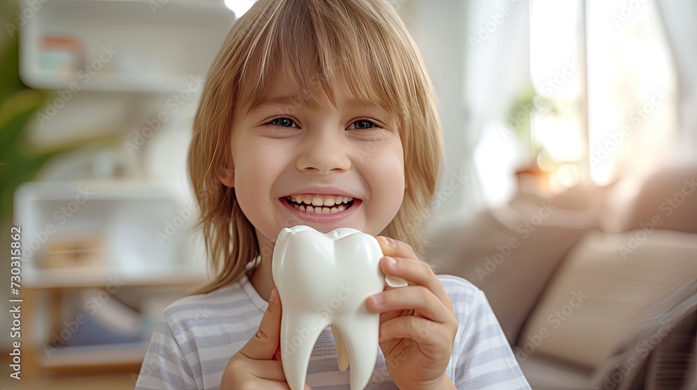 Little cute smiling girl holding a tooth dent in hand, showcasing ...