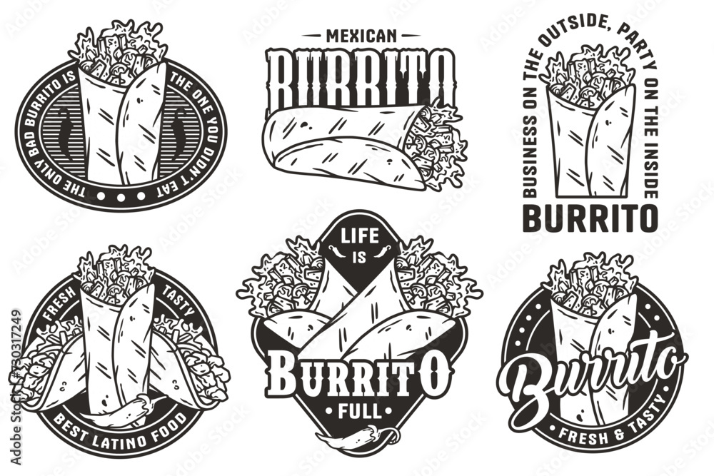 Monochrome Burrito set mexican food vector with meat and vegetable for ...