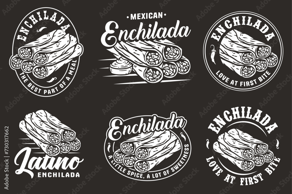 Monochrome Mexican enchilada set vector with meat and rolled tortilla ...