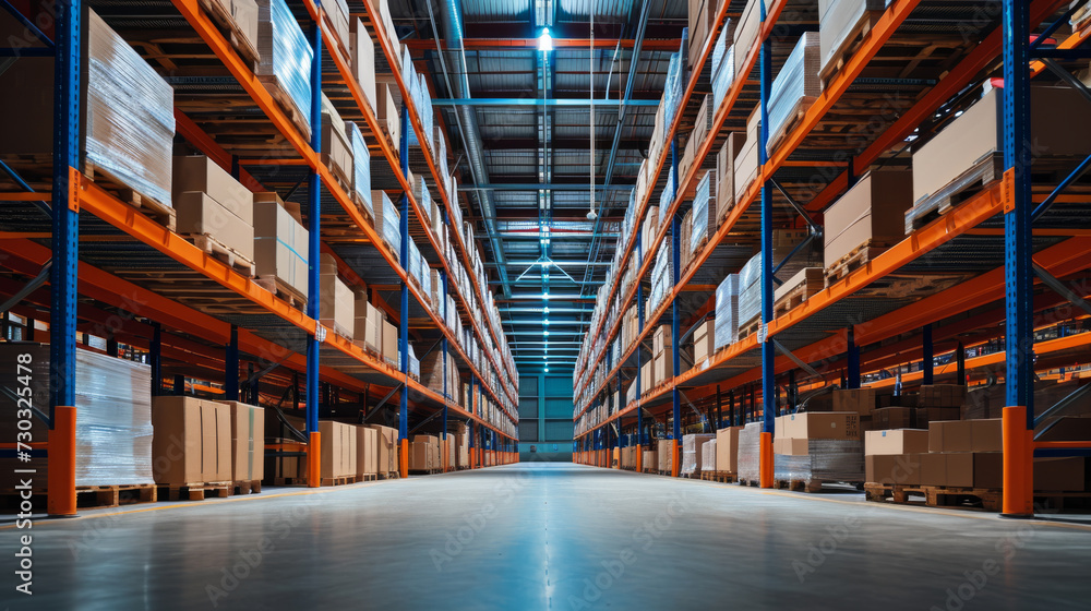 warehouse interior with tall metal shelving stacked with pallets of ...