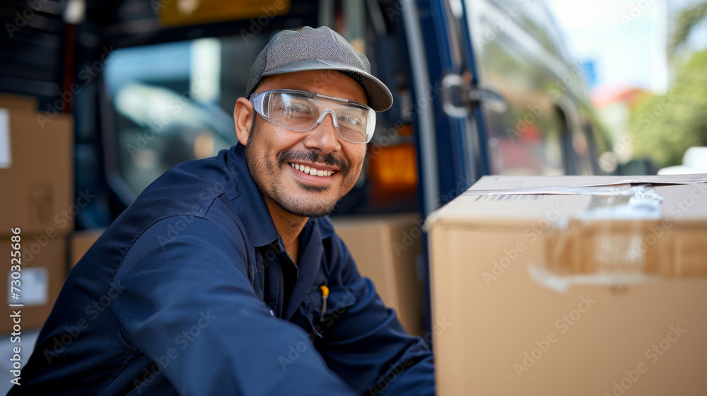 smiling delivery man in a blue uniform and safety goggles is handling ...