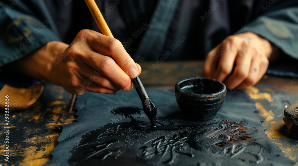 Hands, brush in ink for writing and Japanese calligraphy or ancient ...