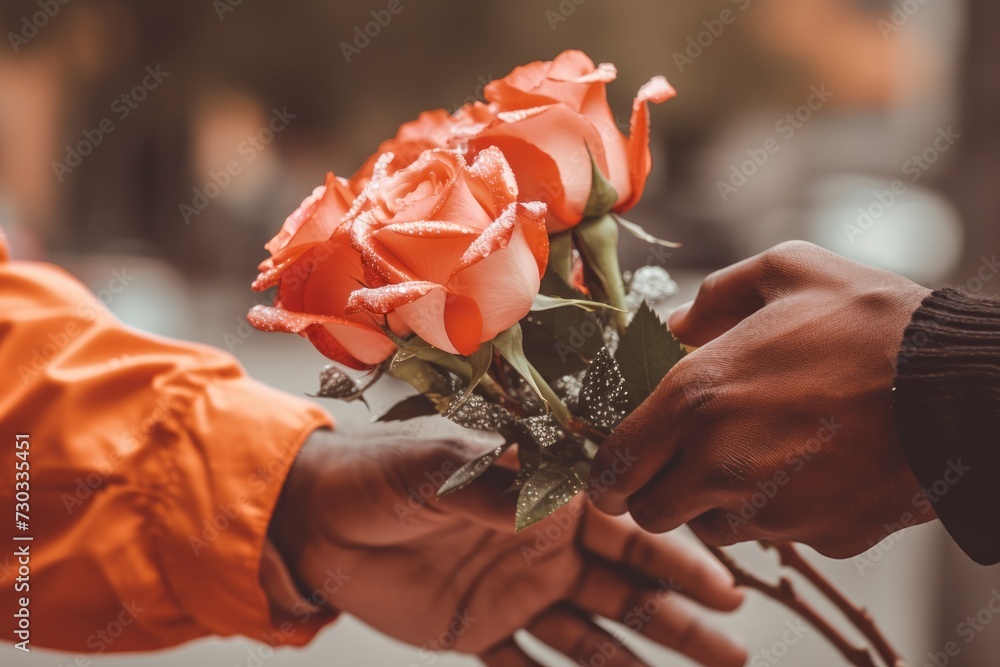 close up tender moment as an African American man hand presents peach ...