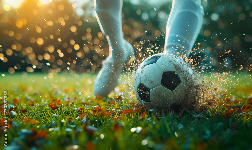 Soccer player in action running fast with a ball with splash of water ...
