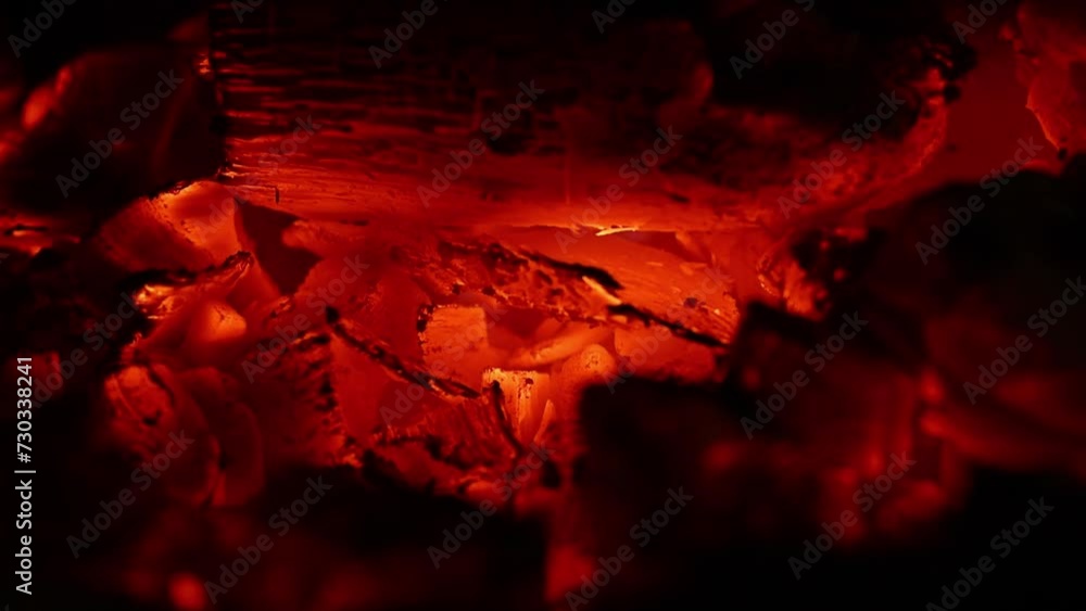 Burning log of wood close-up as abstract background. The hot embers of ...