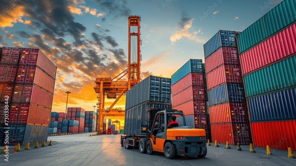 Freight logistics: Forklift handling container box, loading stacker at ...