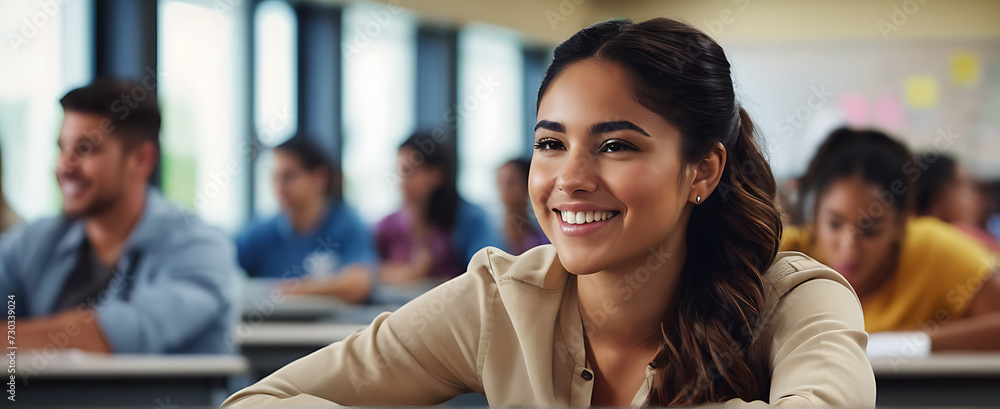 hispanic college student sitting in class smiling classroom background ...
