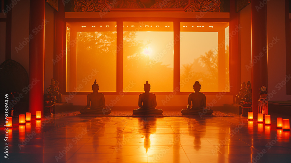 Statues facing sunrise through temple window: Vesak, Wesak Buddha Day ...