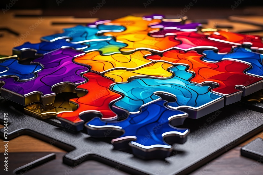 Interlocking Metal colorful puzzle pieces on black background. Metallic ...