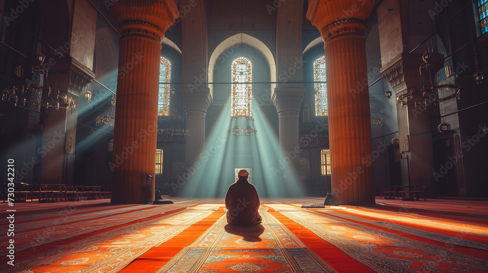 A man inside a quiet mosque, with rows of mihrabs clearly visible in ...