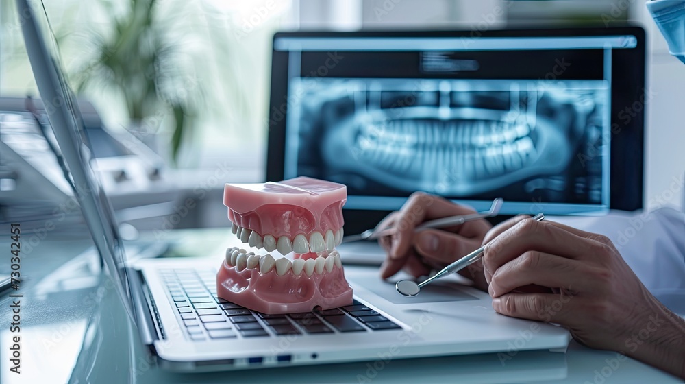 Digital dentistry: Dentist using oral software and laptop, typing ...