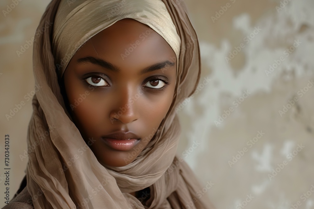 Elegant woman wearing hijab looking thoughtfully at the camera ...