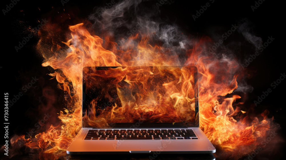 Burning laptop and keyboard, equipment fire due to faulty battery and ...
