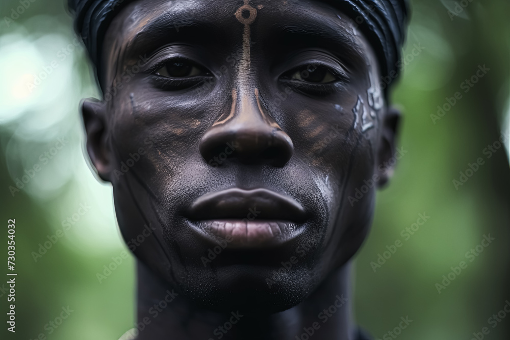 African shirtless man with vibrant face paint and ethnic jewelry ...