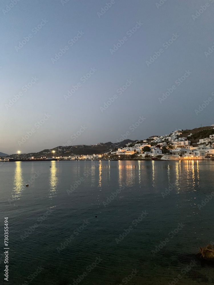 Streets of Mykonos by night at the Cyclades islands in Greece Stock ...
