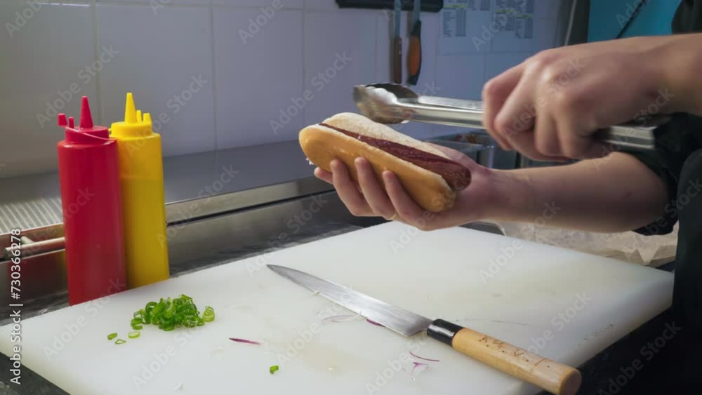 Hot dog preparation in the fast food restaurant kitchen. Worker is ...