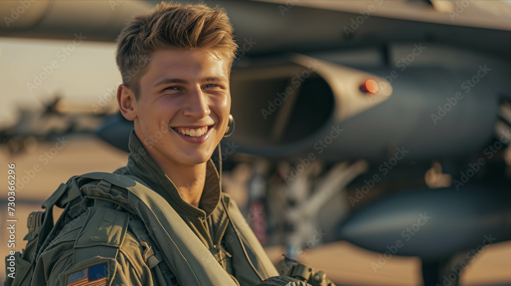 Caucasian male air force officer is confident in piloting a fighter jet ...
